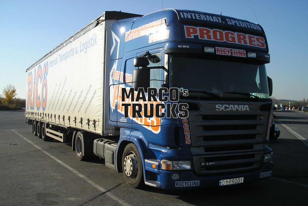 LKW Foto Scania R420 Planensattelzug Deutschland blau INTERNAT. SPEDITION PROGRES RECYCLING RICO ...