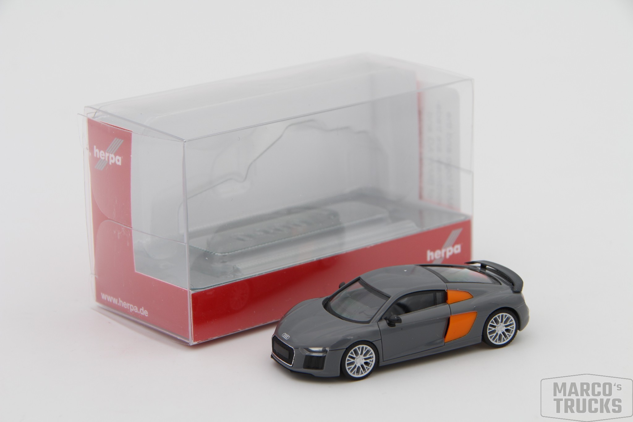 Herpa Audi R8 V10 Plus, nardograu / Blade orange 028516-002 /HN1383